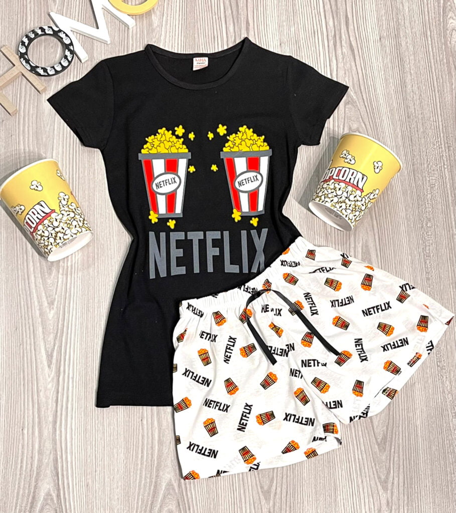Pijama Femei, Tricou + Pantaloni Scurti, Netflix, Bumbac 100%, Negru ...