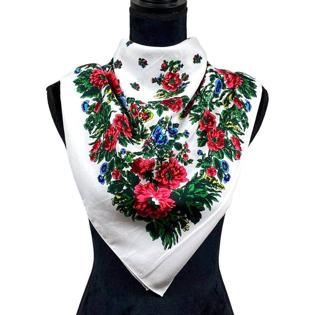 Batic Traditional, Dama, Viscoza, 77 x 77 cm, Alb/Roz/Verde | Intisimo