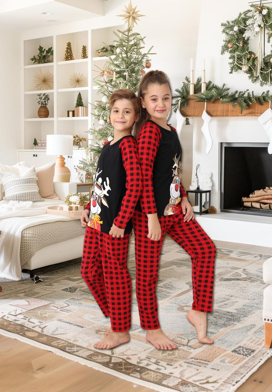 Pijama Copii, Tematica Craciun, Ren, Bumbac, Negru/Rosu | Intisimo