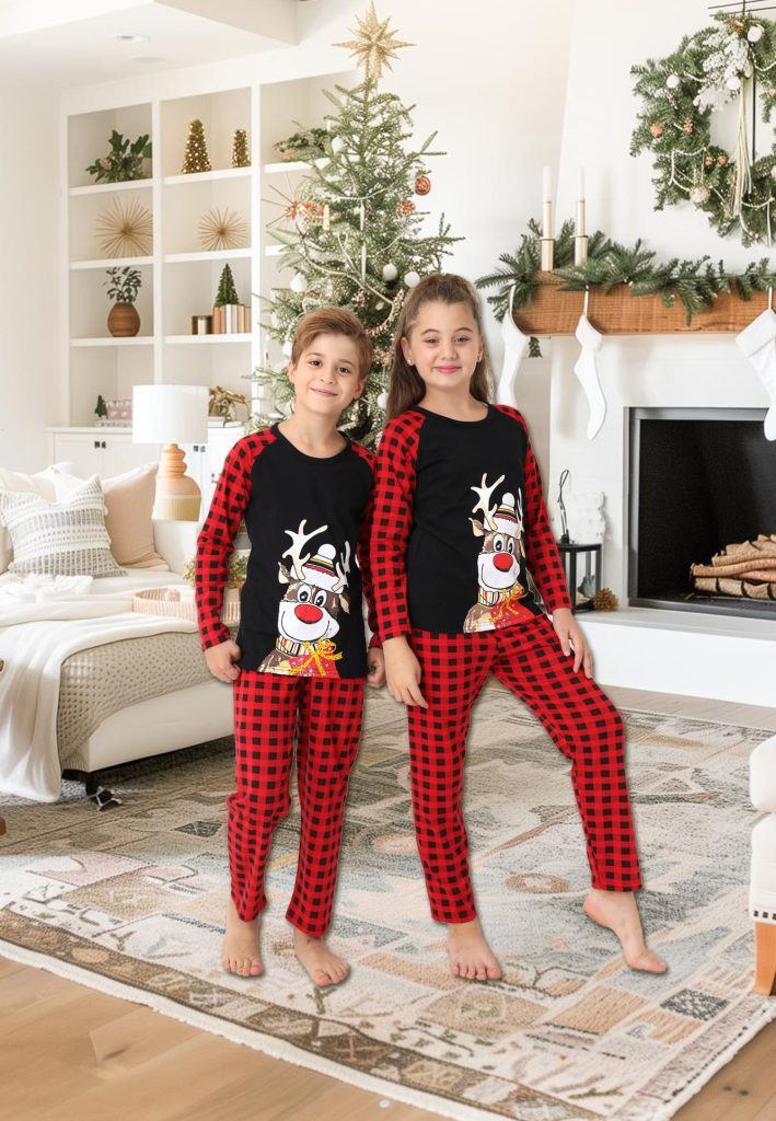 Pijama Copii, Tematica Craciun, Ren, Bumbac, Negru/Rosu | Intisimo